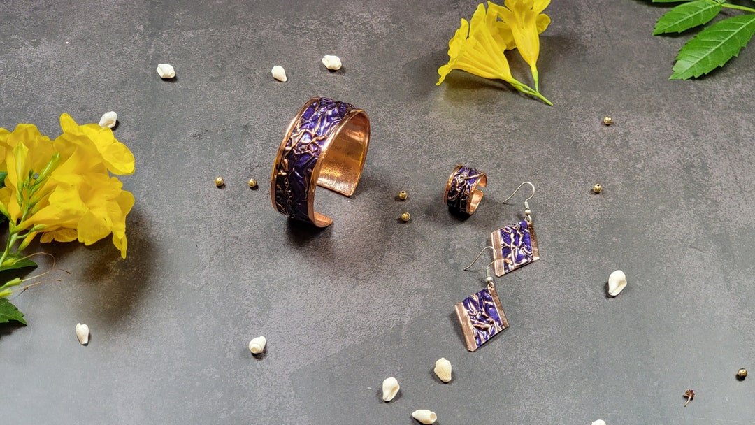 Purple Patina Copper Jewelry Set: Adjustable Cuff Bracelet, Ring ...
