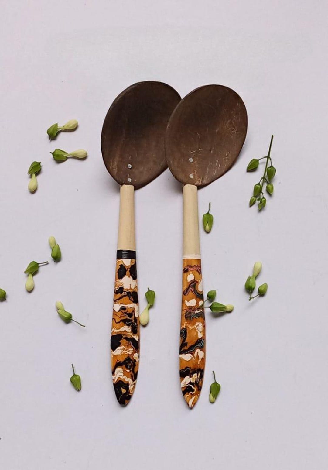 6″ Handmade Coconut Shell Spoon – Colorful Lacquered Wood Handle • Eco ...