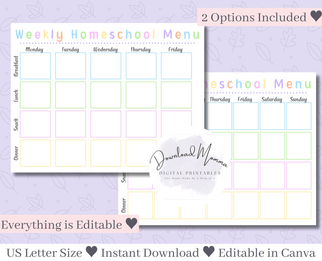 Weekly Homeschool Lunch Menu Template | Homeschool Lunch Menu Printable ...