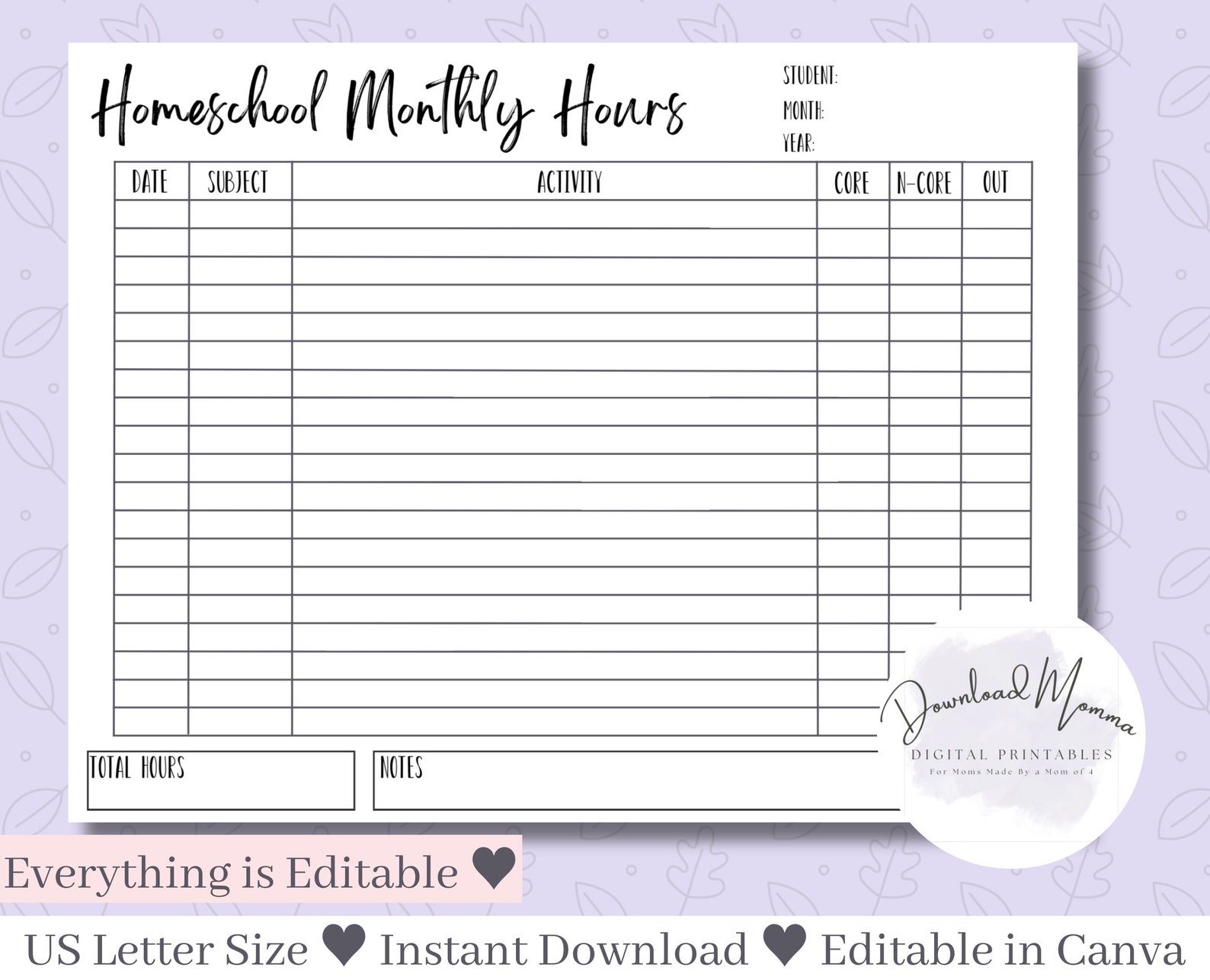 Homeschool Monthly Hours Log Printable | Homeschool Log Template ...