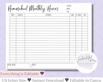 Homeschool Monthly Hours Log Printable Homeschool Log Template ...