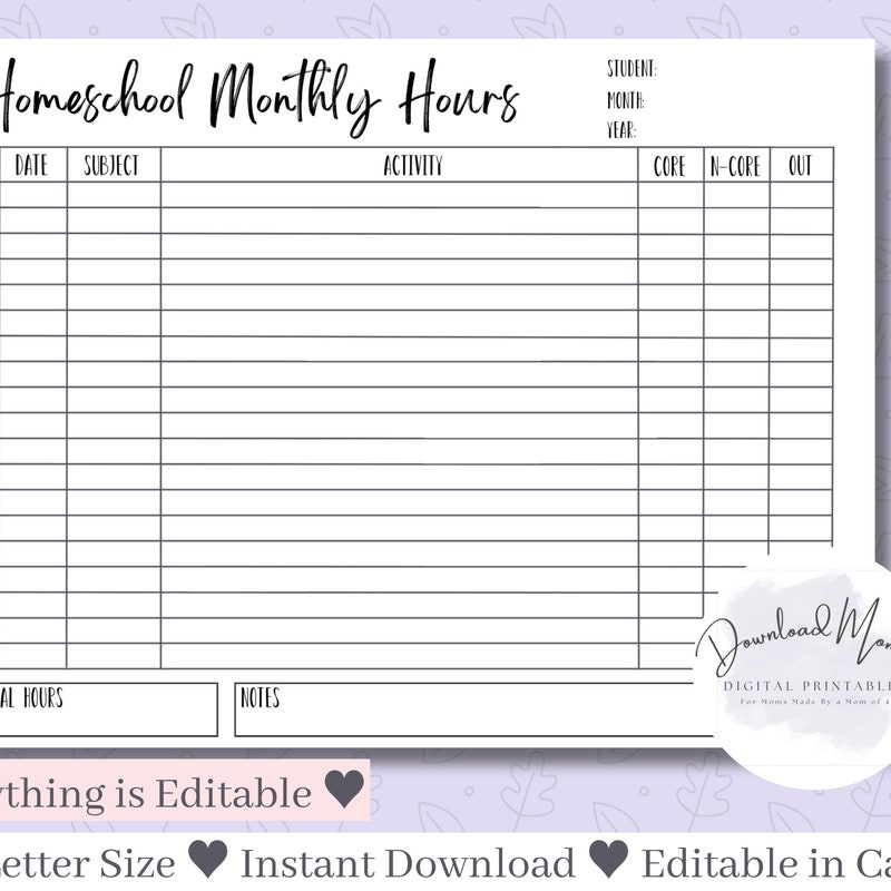Hour Log Monthly Calendar - Etsy