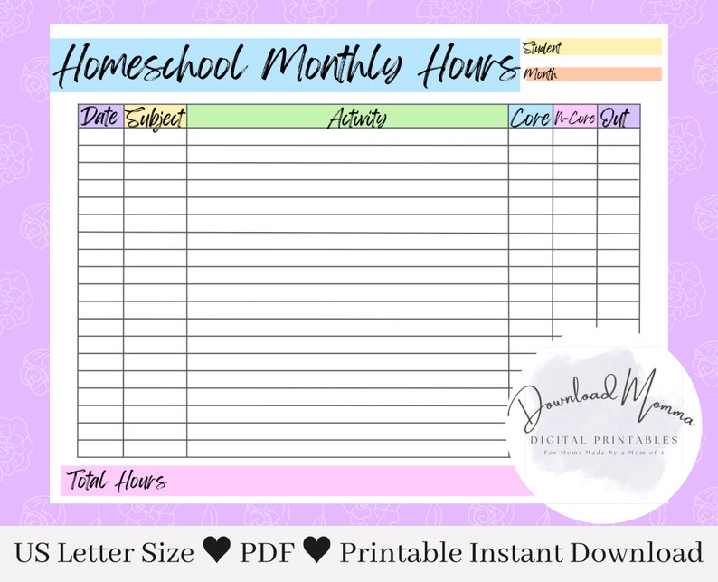 Homeschool Monthly Hours Log Printable Homeschool Log Template ...