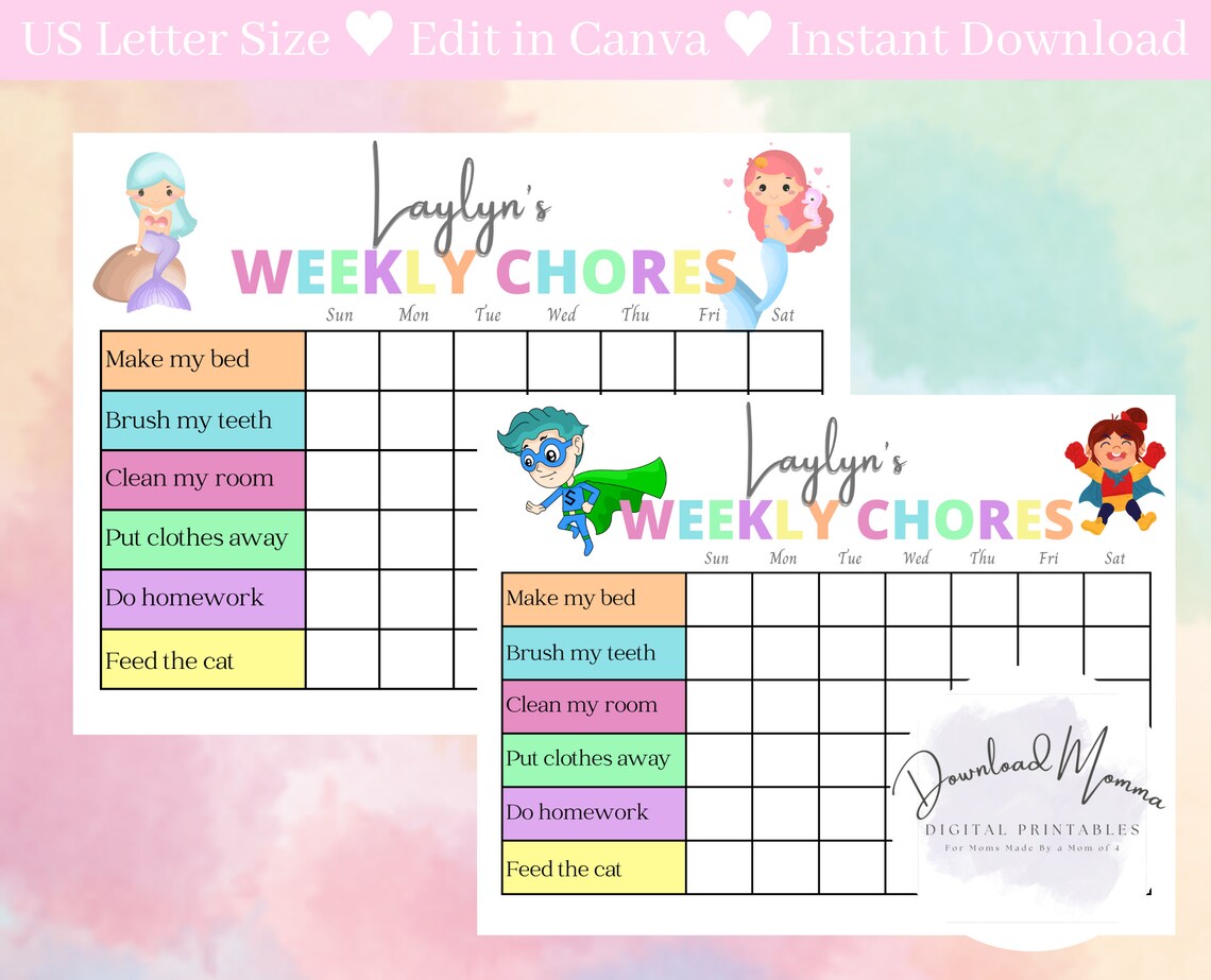 Chore Chart for Kids, Kids Chores, Kids Chore Chart Printable ...