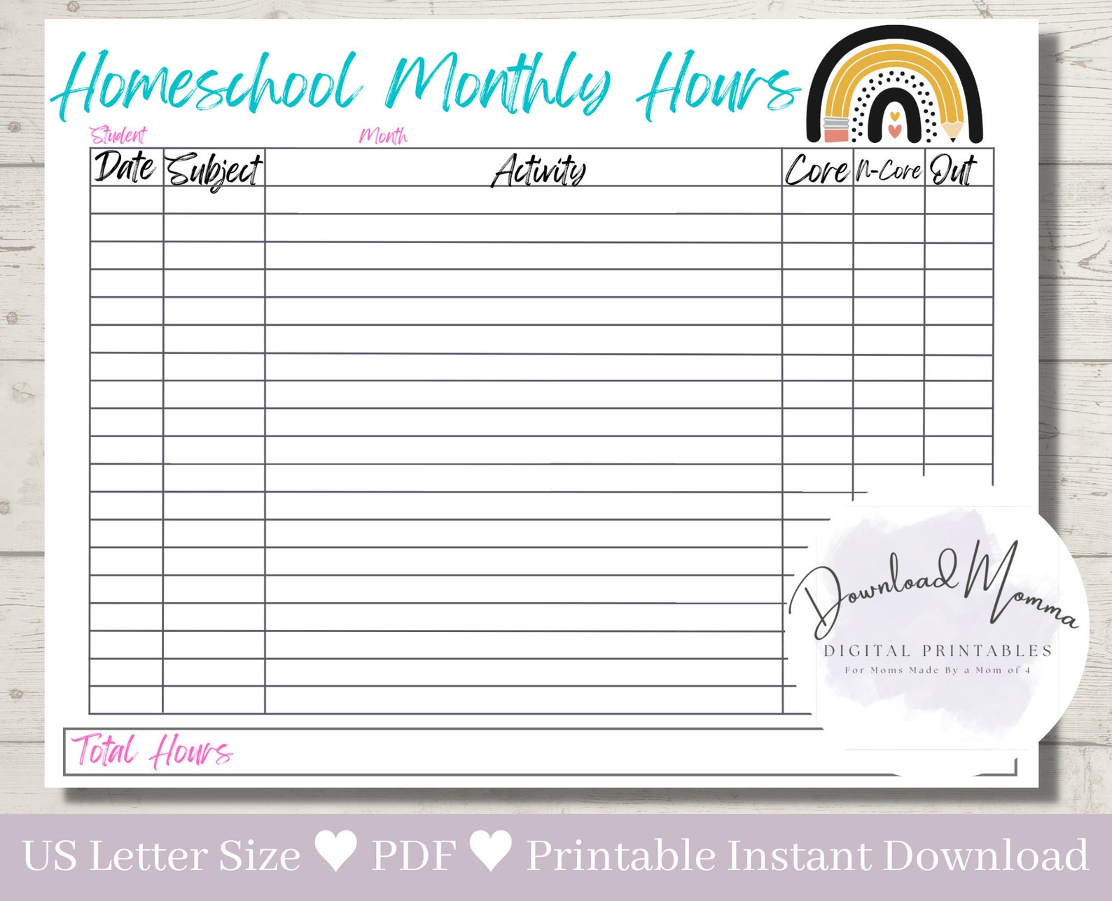 Homeschool Monthly Hours Log Printable Homeschool Log Template ...