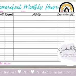 Homeschool Monthly Hours Log Printable | Homeschool Log Template ...