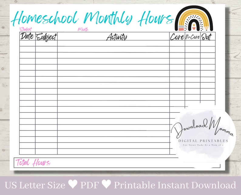 Homeschool Monthly Hours Log Printable | Homeschool Log Template ...