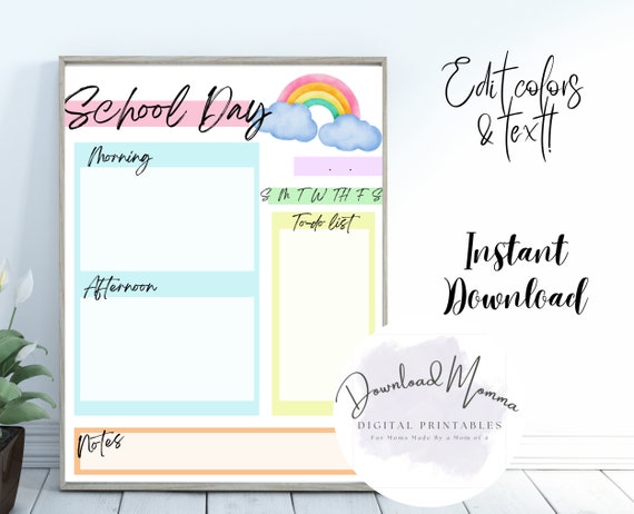 School Day Planner Printable Kids Daily Routine Chart - Etsy