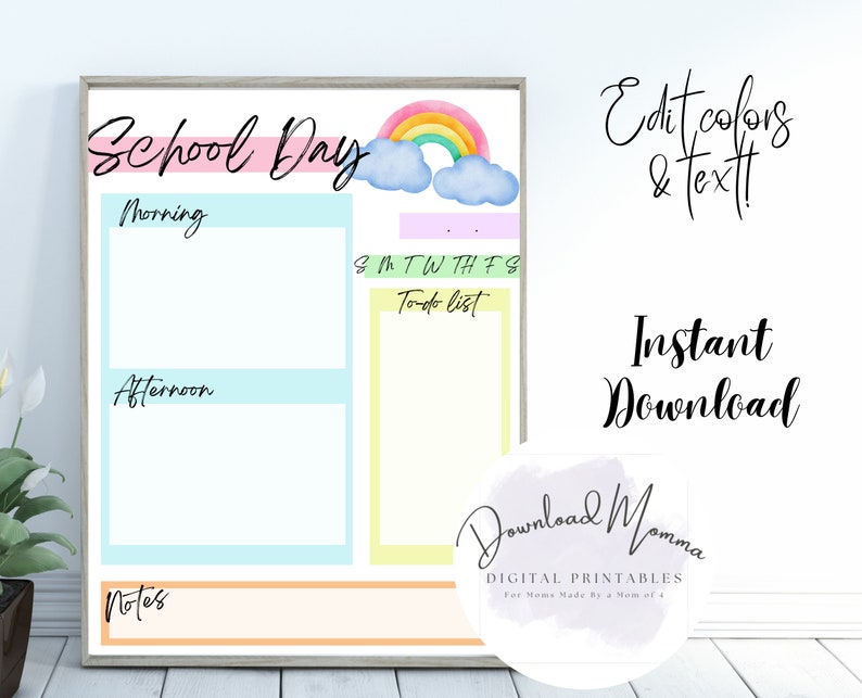 School Day Planner Printable Kids Daily Routine Chart - Etsy