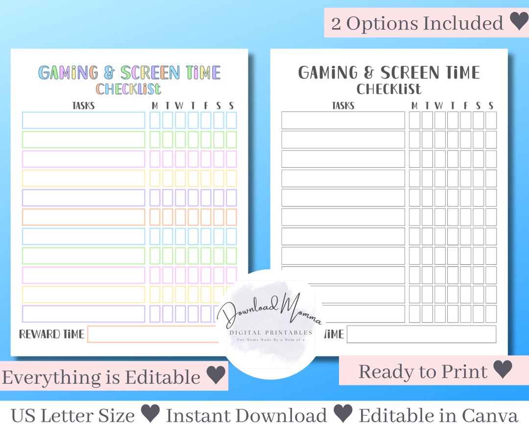 Gaming and Screen Time Checklist Printable Screen Time Checklist kids ...