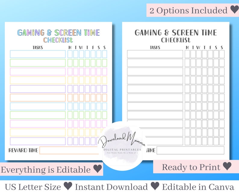 Gaming and Screen Time Checklist Printable Screen Time Checklist kids ...