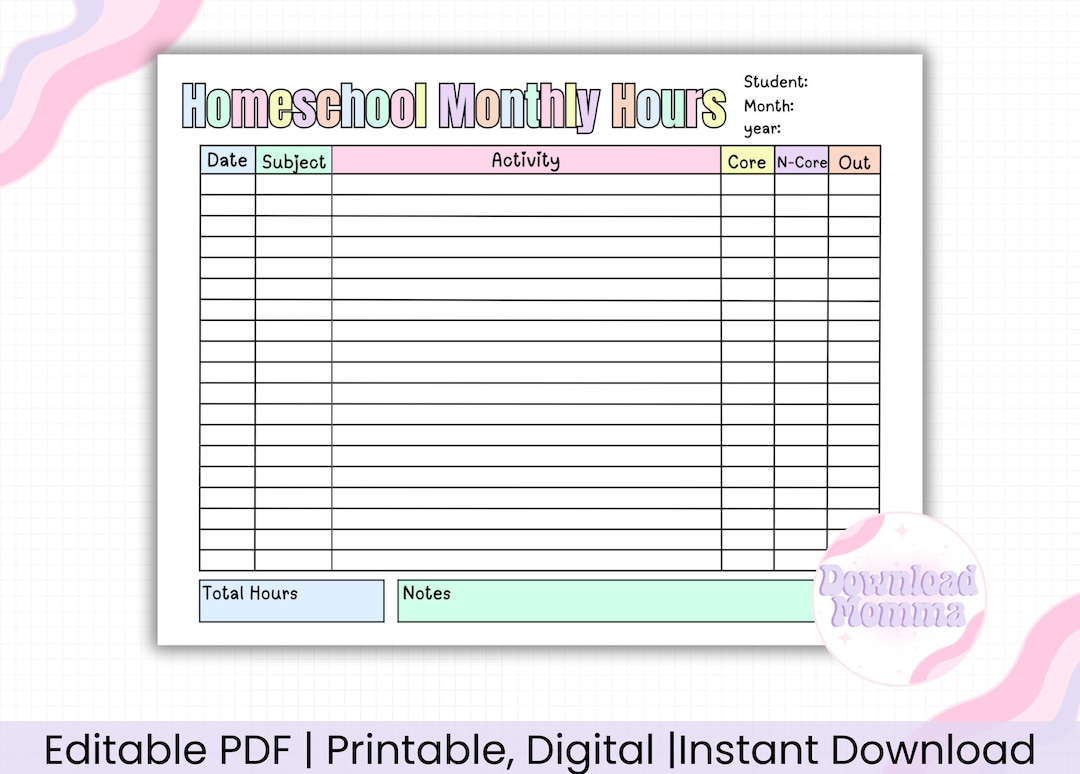 Homeschool Monthly Hours Log Printable | Homeschool Log Template ...