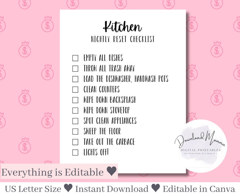 Kitchen Nightly Reset Checklist Printable Kitchen Checklist Cleaning ...