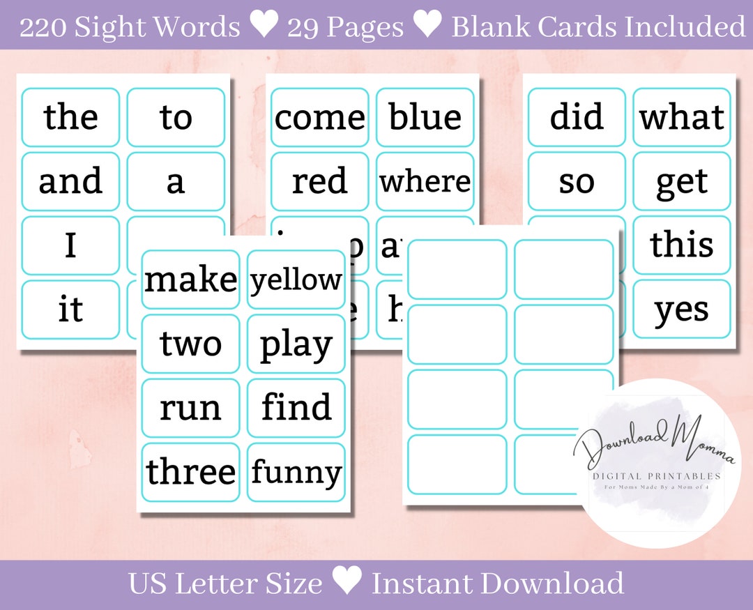 220 Dolch Sight Words Flashcards Printable Kindergarden Sight Words 1st ...