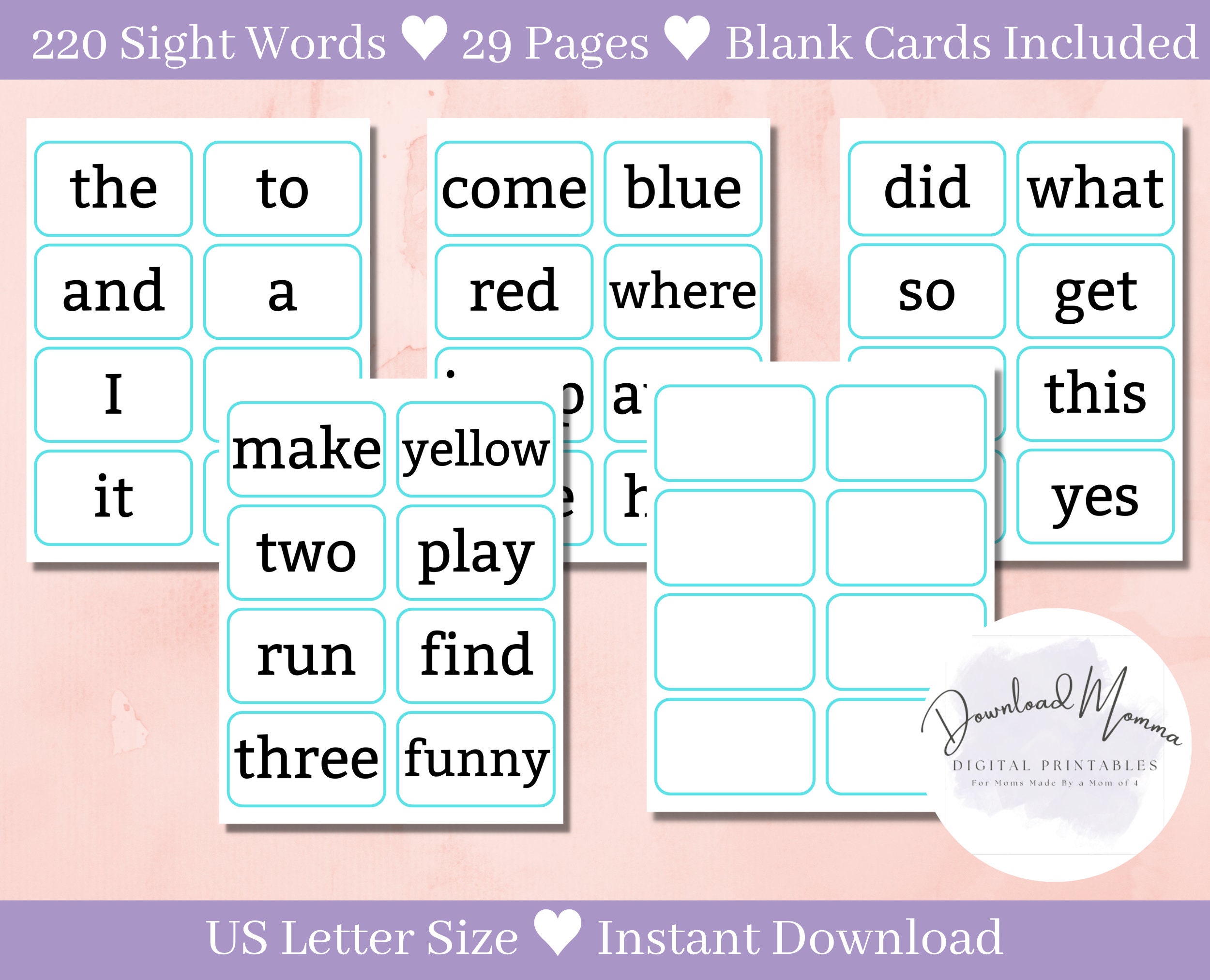 220 Dolch Sight Words Flashcards Printable Kindergarden Sight Words 1st ...