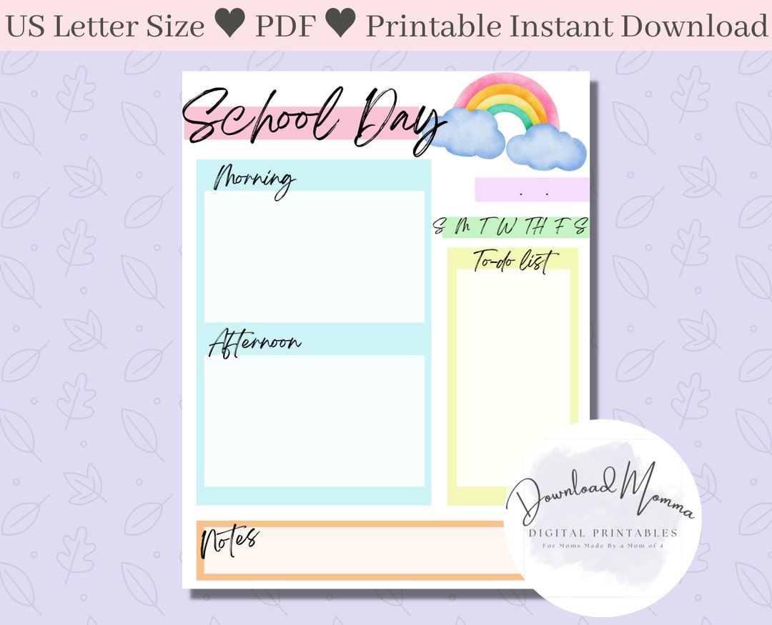 School Day Planner Printable, Kids Daily Routine Chart, Homeschool ...