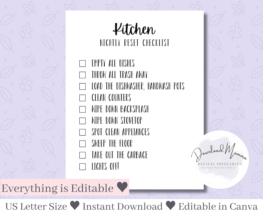 Kitchen Nightly Reset Checklist Printable | Kitchen Checklist ...