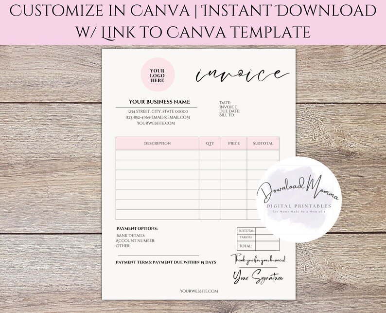 Invoice Template Editable in Canva Printable, Editable Invoice Receipt ...