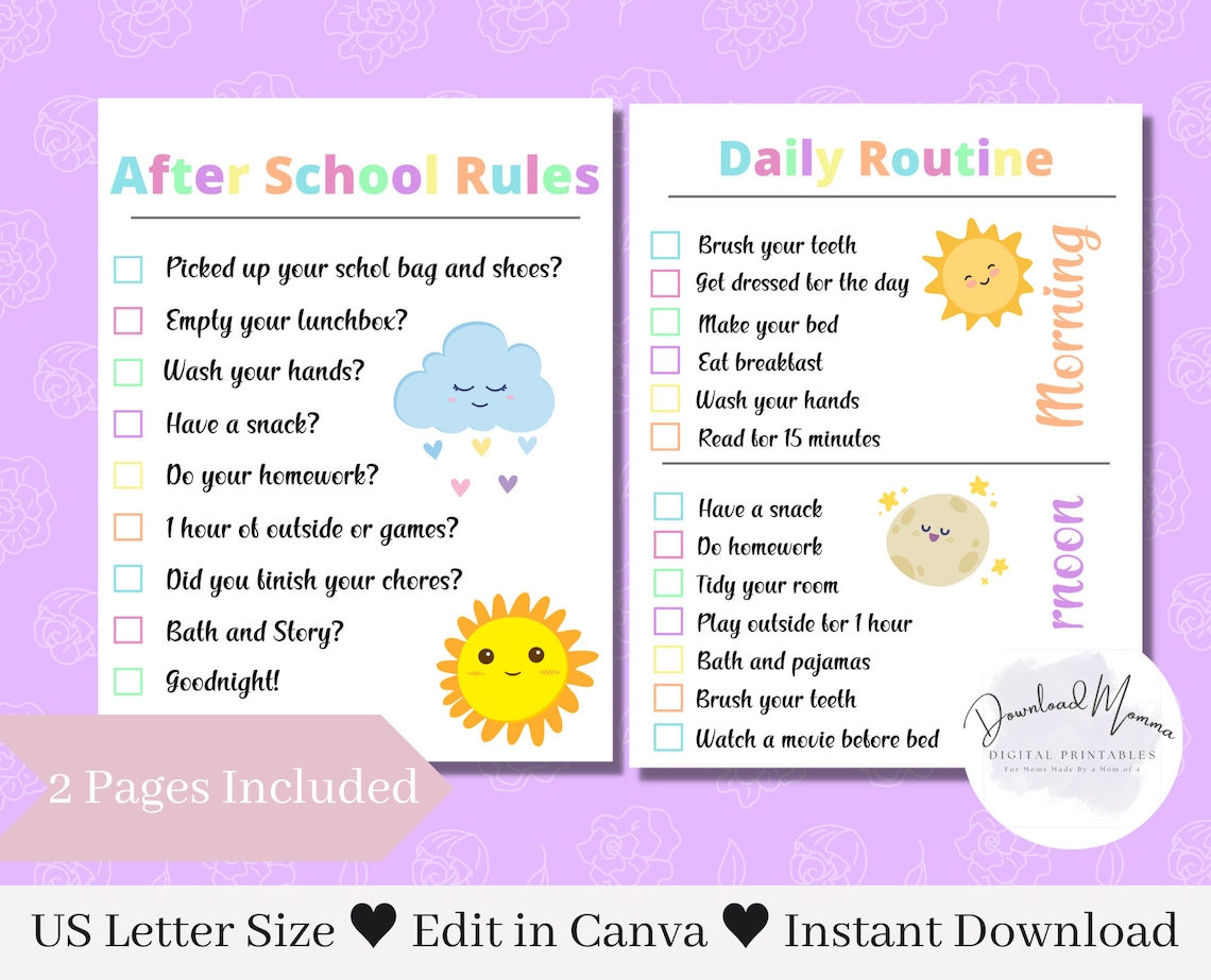 Editable After School Rules Printable Kids Chore Chart Template Kids Weekly Schedule Printable ...