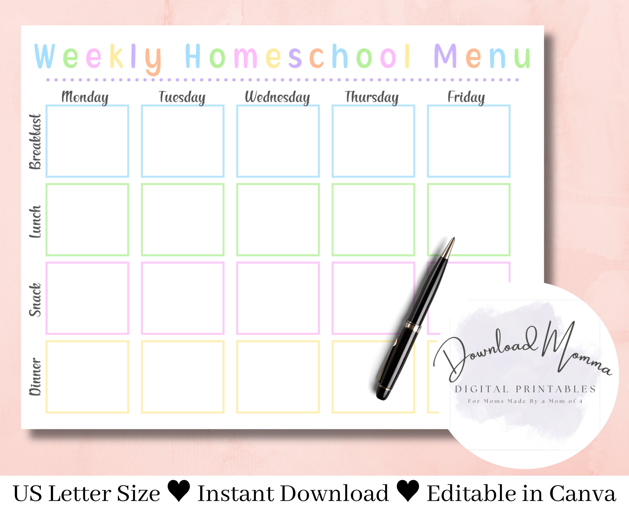 Weekly Homeschool Lunch Menu Template | Homeschool Lunch Menu Printable ...