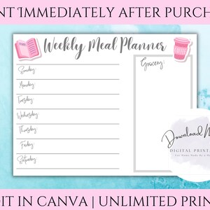 Weekly Meal Panner With Grocery List Printable Meal Planner Meal ...