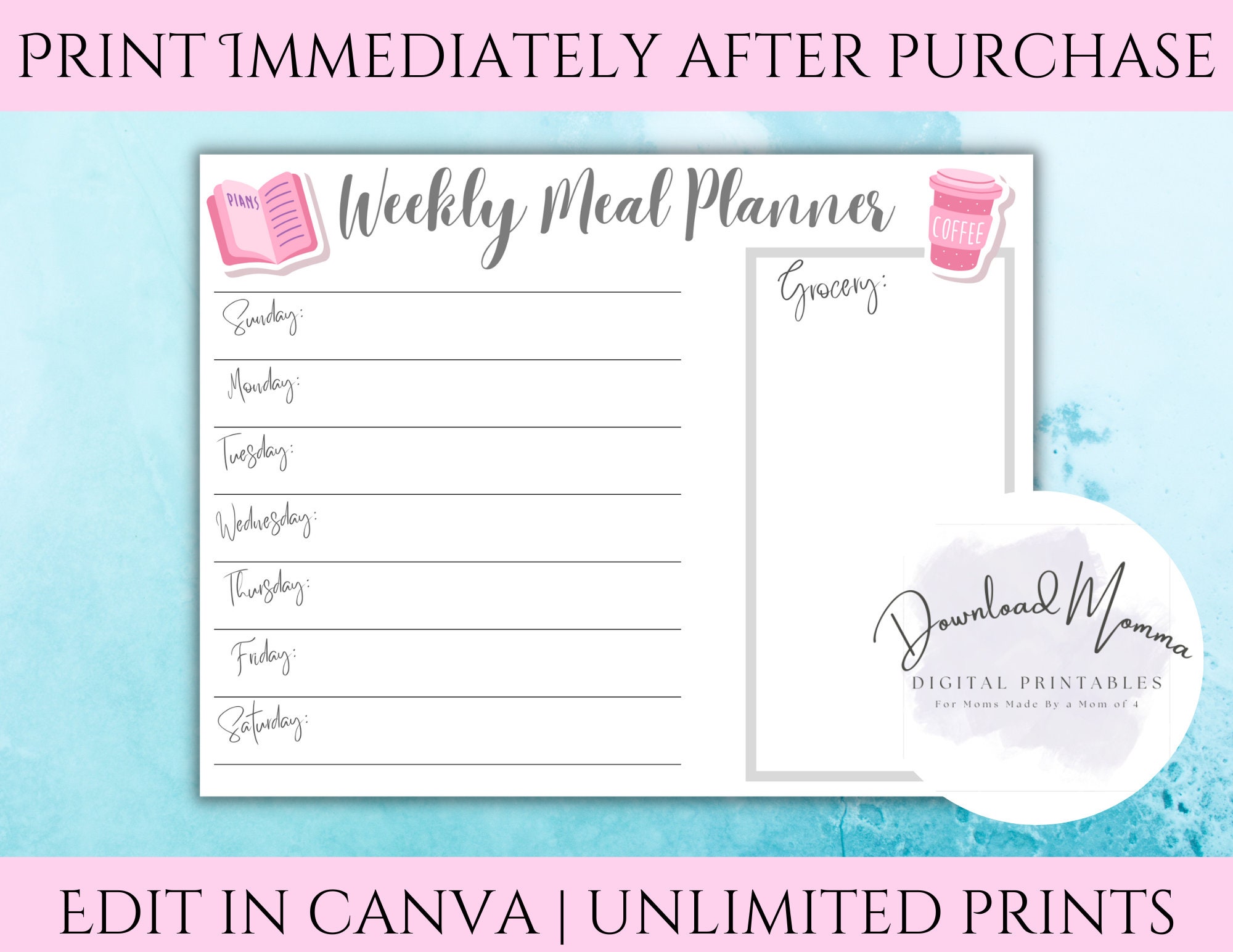 Weekly Meal Panner With Grocery List Printable Meal Planner Meal ...
