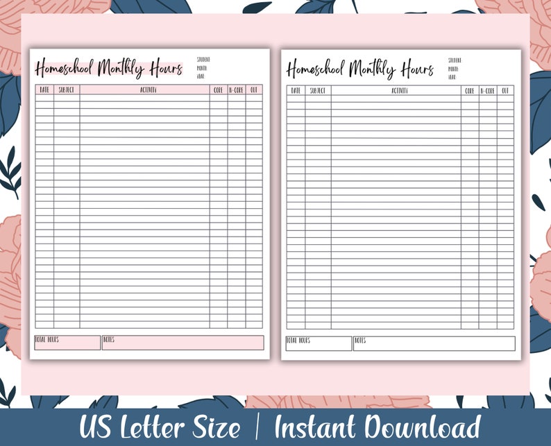 Homeschool Monthly Hours Log Printable | Homeschool Log Template ...