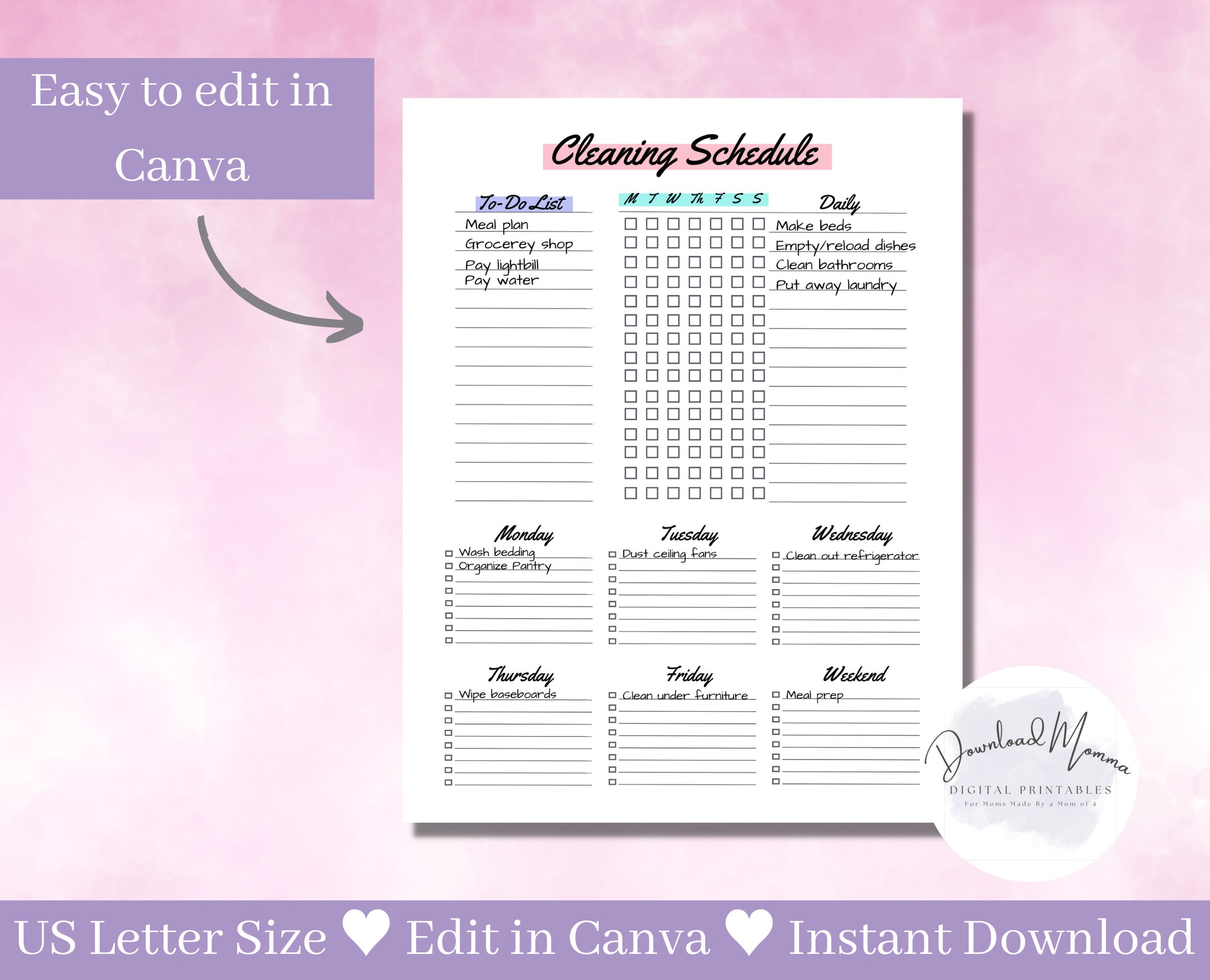 EDITABLE Cleaning Planner Printable, Daily/weekly Cleaning Checklist ...