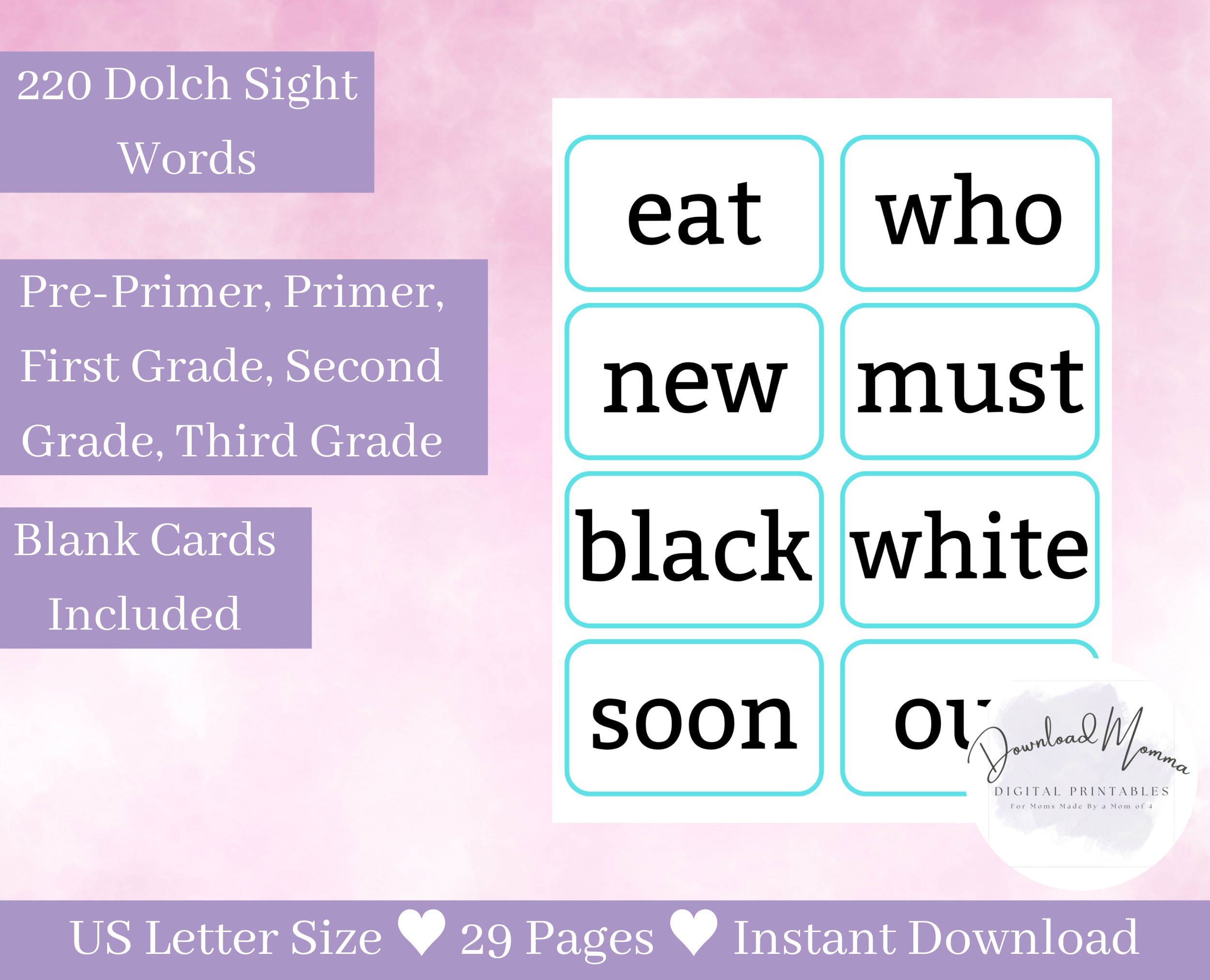 220 Dolch Sight Words Flashcards Printable Kindergarden Sight Words 1st ...