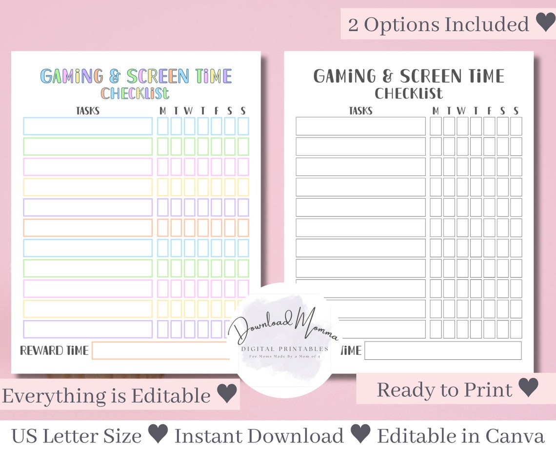 Gaming and Screen Time Checklist Printable Screen Time Checklist kids ...