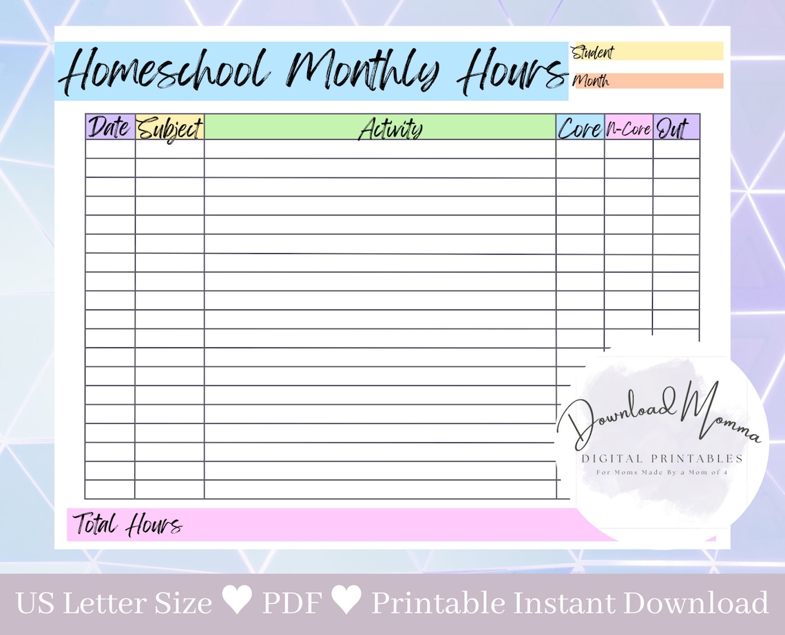 Homeschool Monthly Hours Log Printable Homeschool Log Template ...
