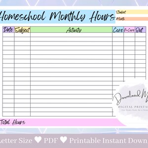 Homeschool Monthly Hours Log Printable Homeschool Log Template ...