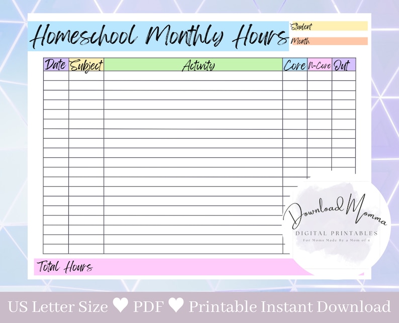 Homeschool Monthly Hours Log Printable Homeschool Log Template ...