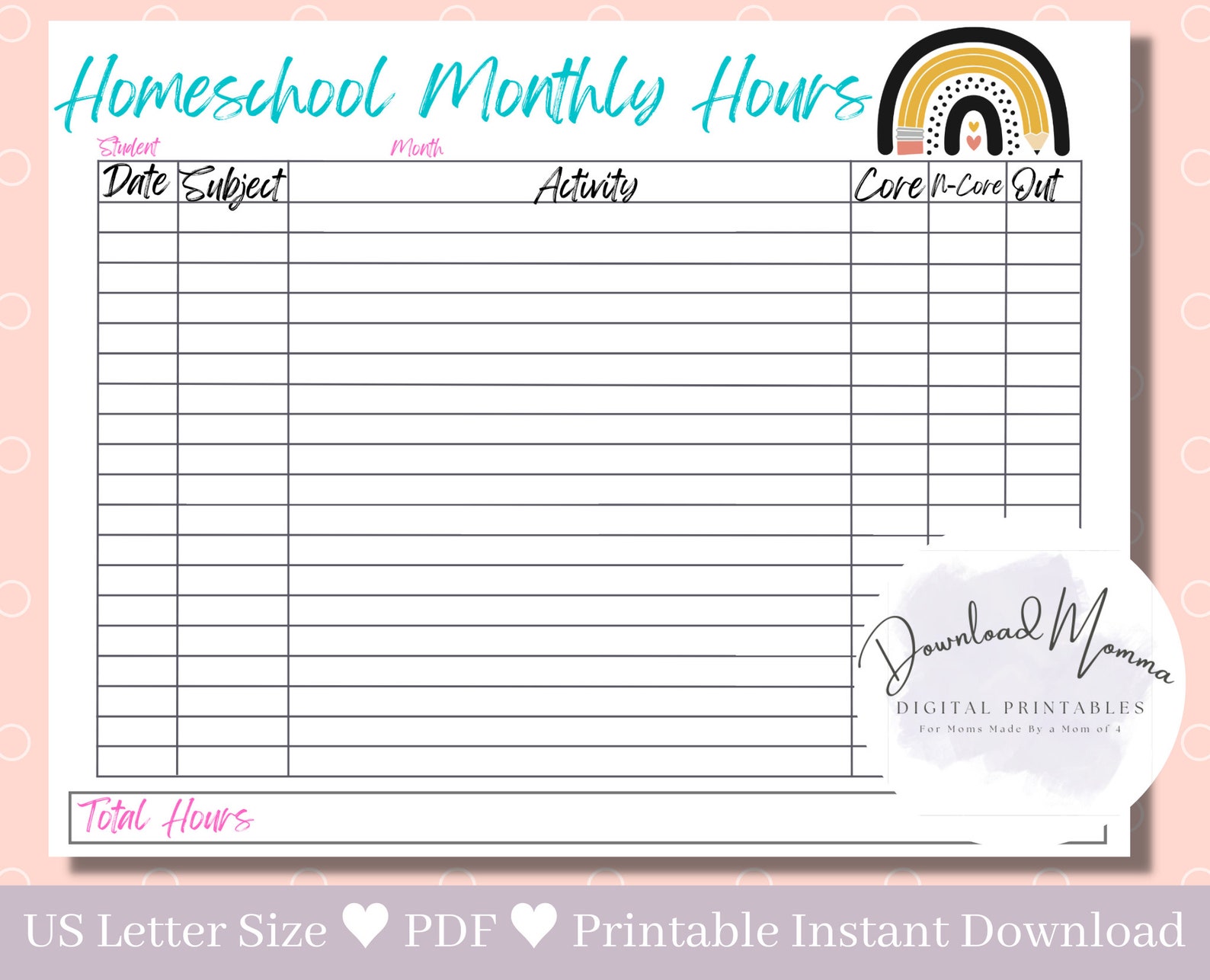 Homeschool Monthly Hours Log Printable Homeschool Log Template ...