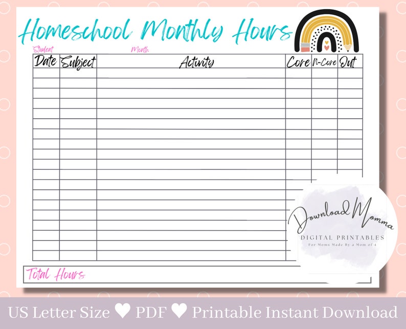 Homeschool Monthly Hours Log Printable | Homeschool Log Template ...