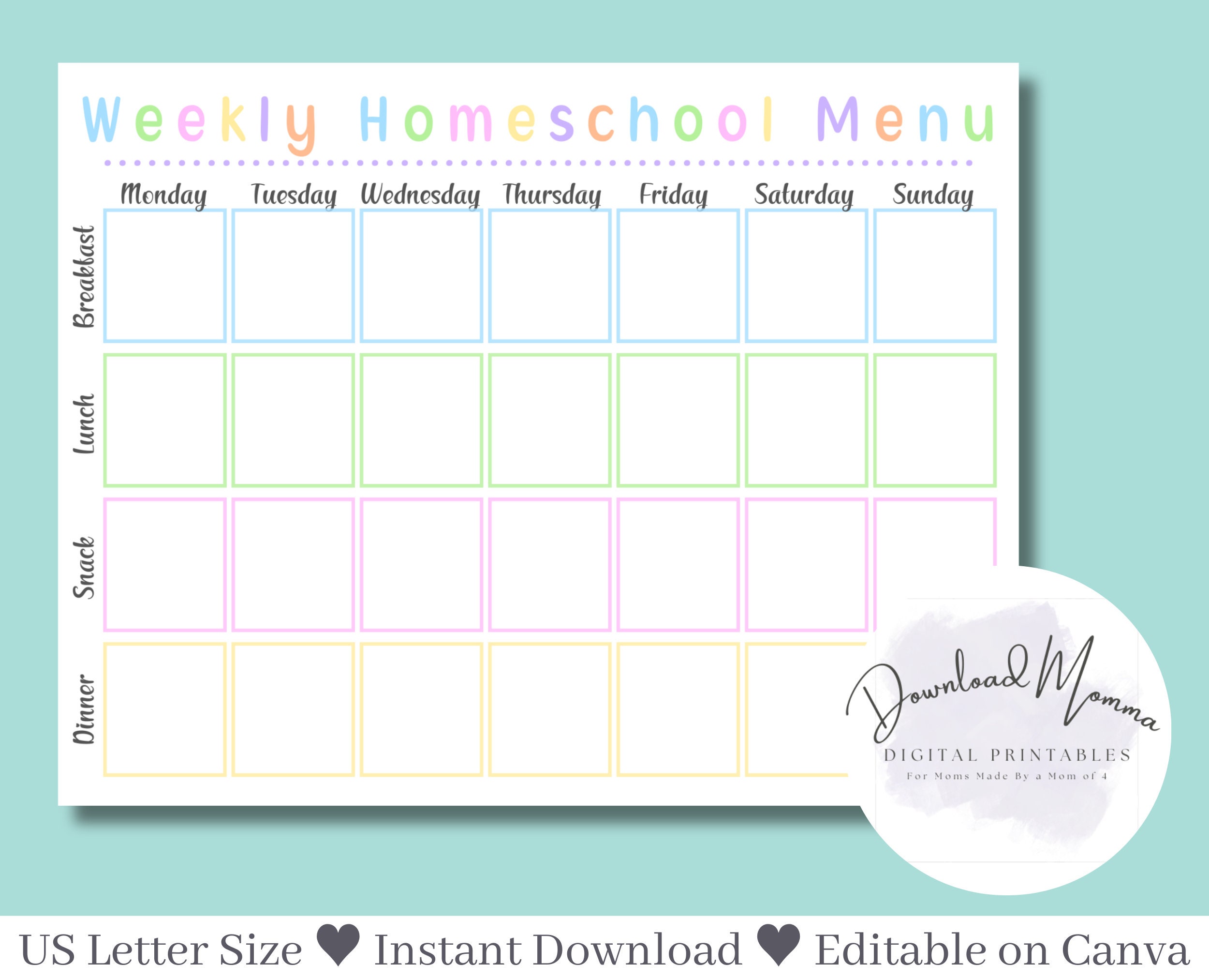 Weekly Homeschool Lunch Menu Template Homeschool Lunch Menu Printable ...