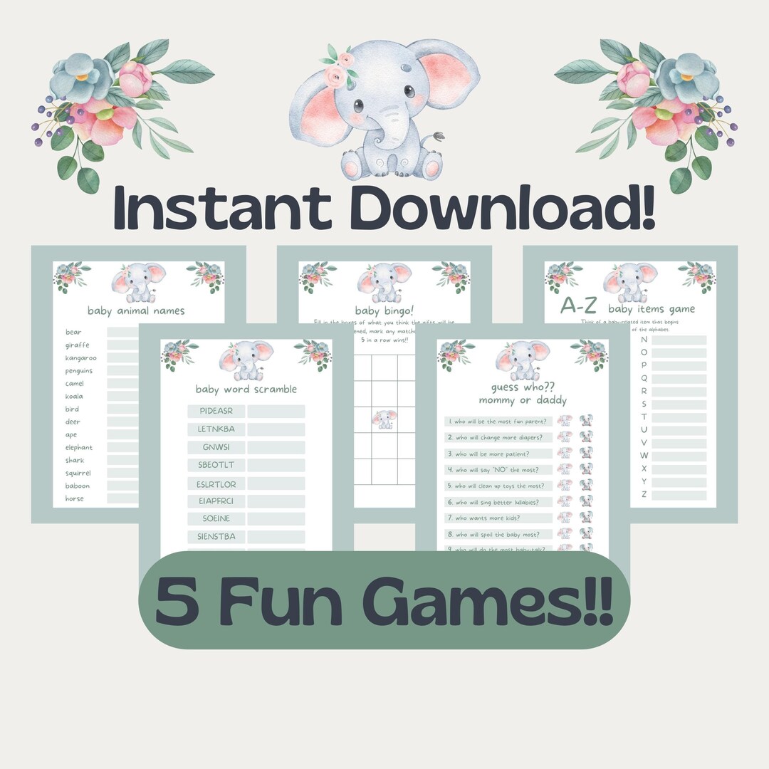 Elephant Baby Shower Games - Word Scramble - Bingo - Guess Who - Baby ...