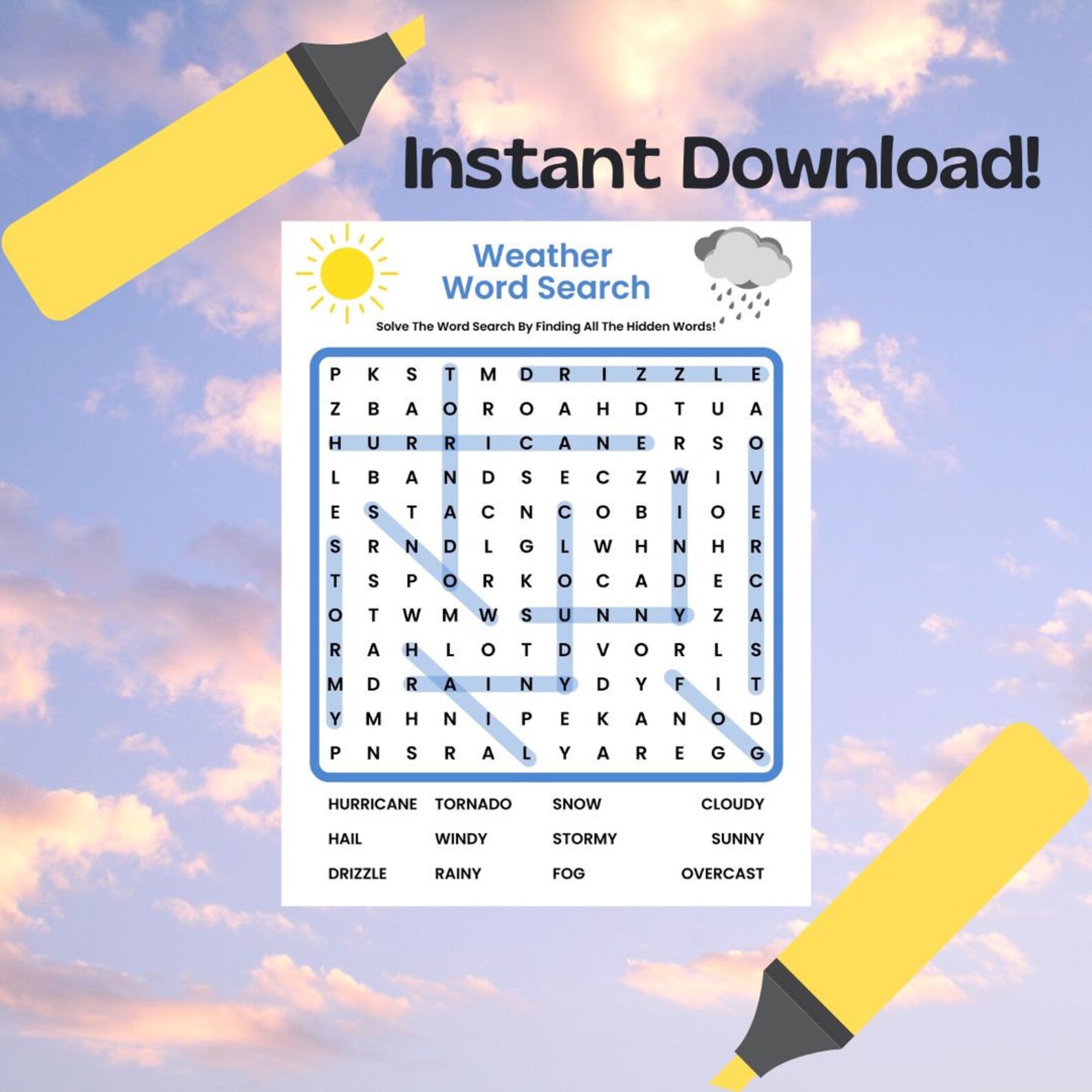 Weather Word Search Kids Activity Printable Instant - Etsy