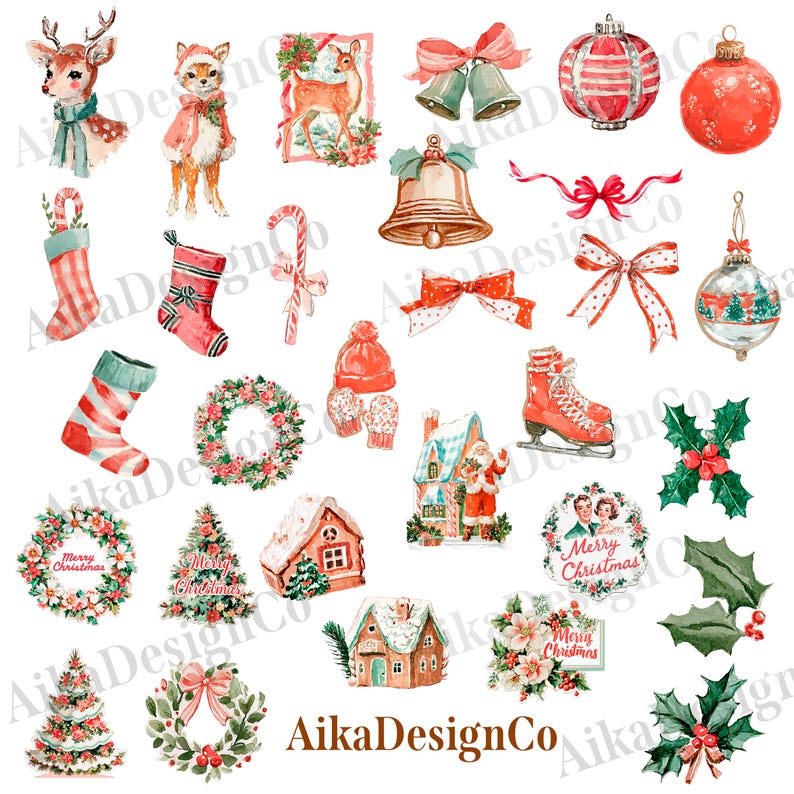 Vintage Christmas Clipart Bundle | Watercolor Holiday | Pngs | Retro ...