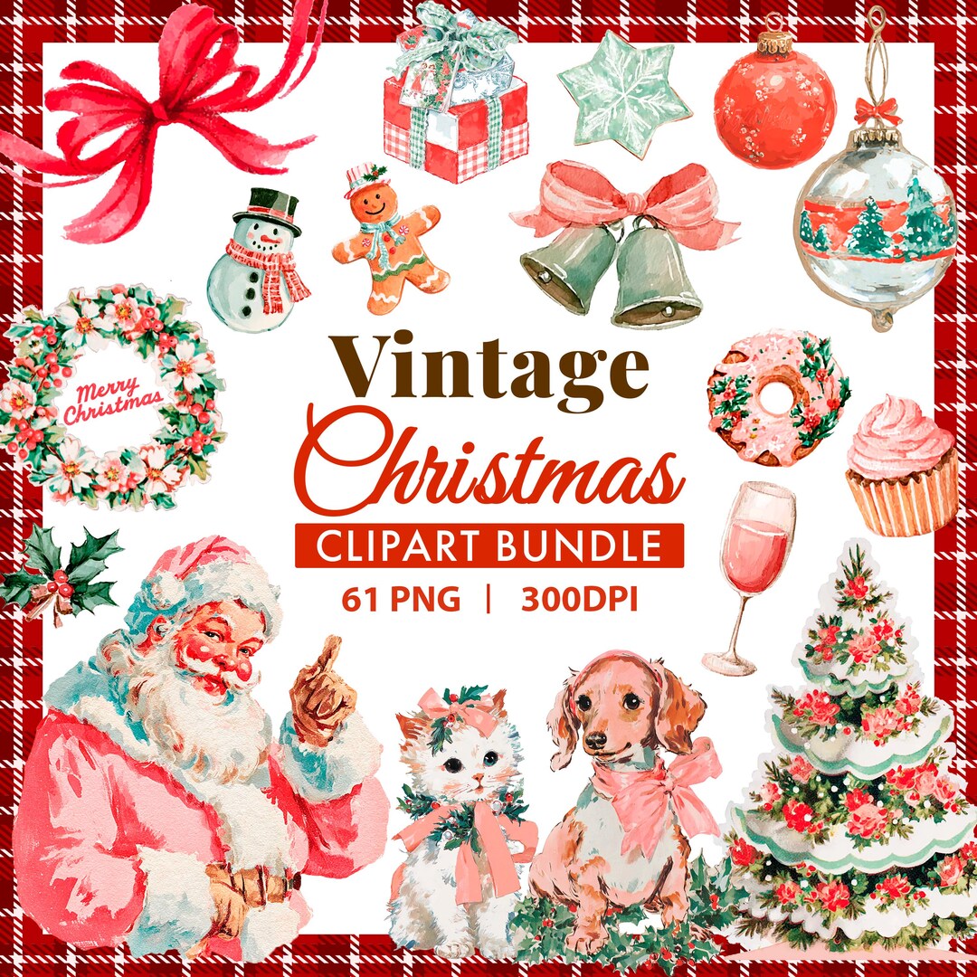 Vintage Christmas Clipart Bundle | Watercolor Holiday | Pngs | Retro ...