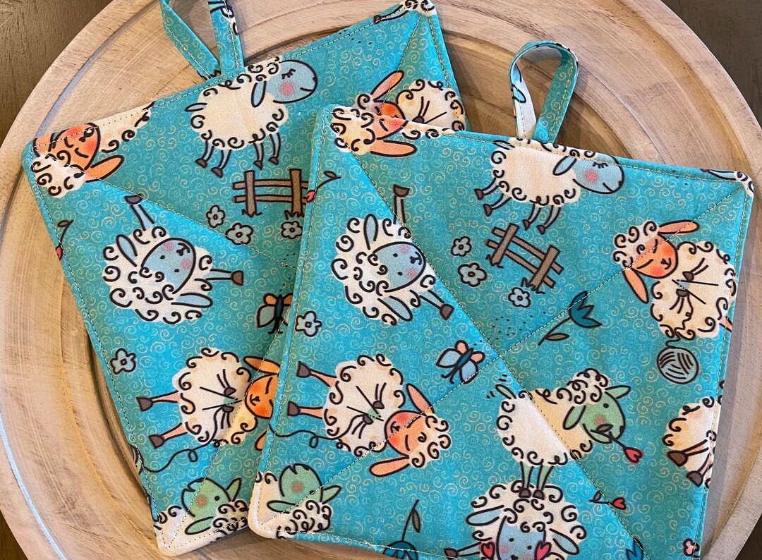 Set of 2 Playful Sheep Quilted Homemade Potholders--perfect Gift for ...