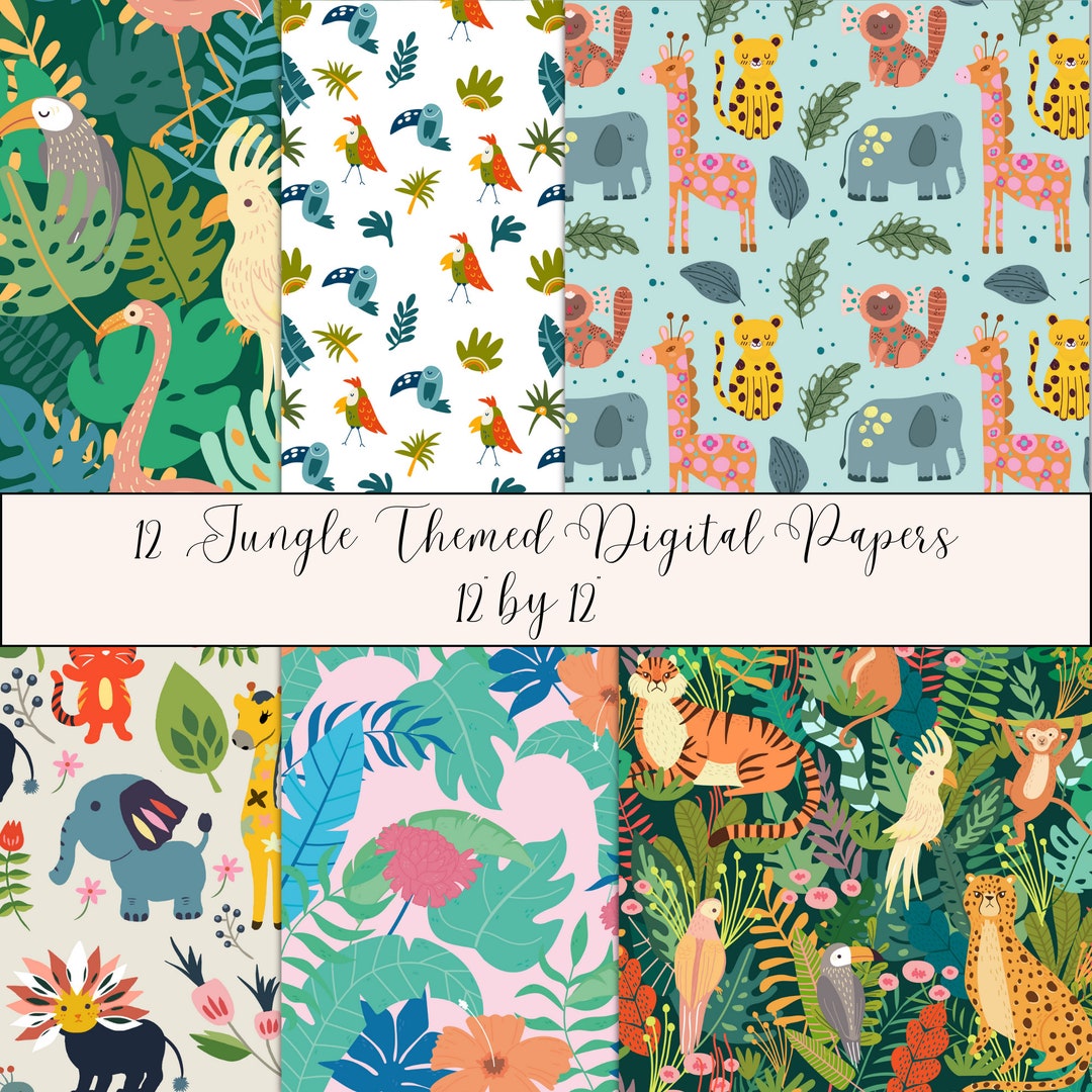 Cute Jungle Themed Digital Paper Bundle, 12 by 12 Scrapbooking Paper ...