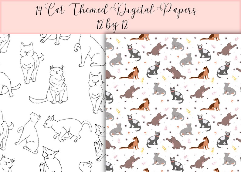Cute Cat Themed Digital Paper Bundle, 12 by 12 Scrapbooking Paper ...