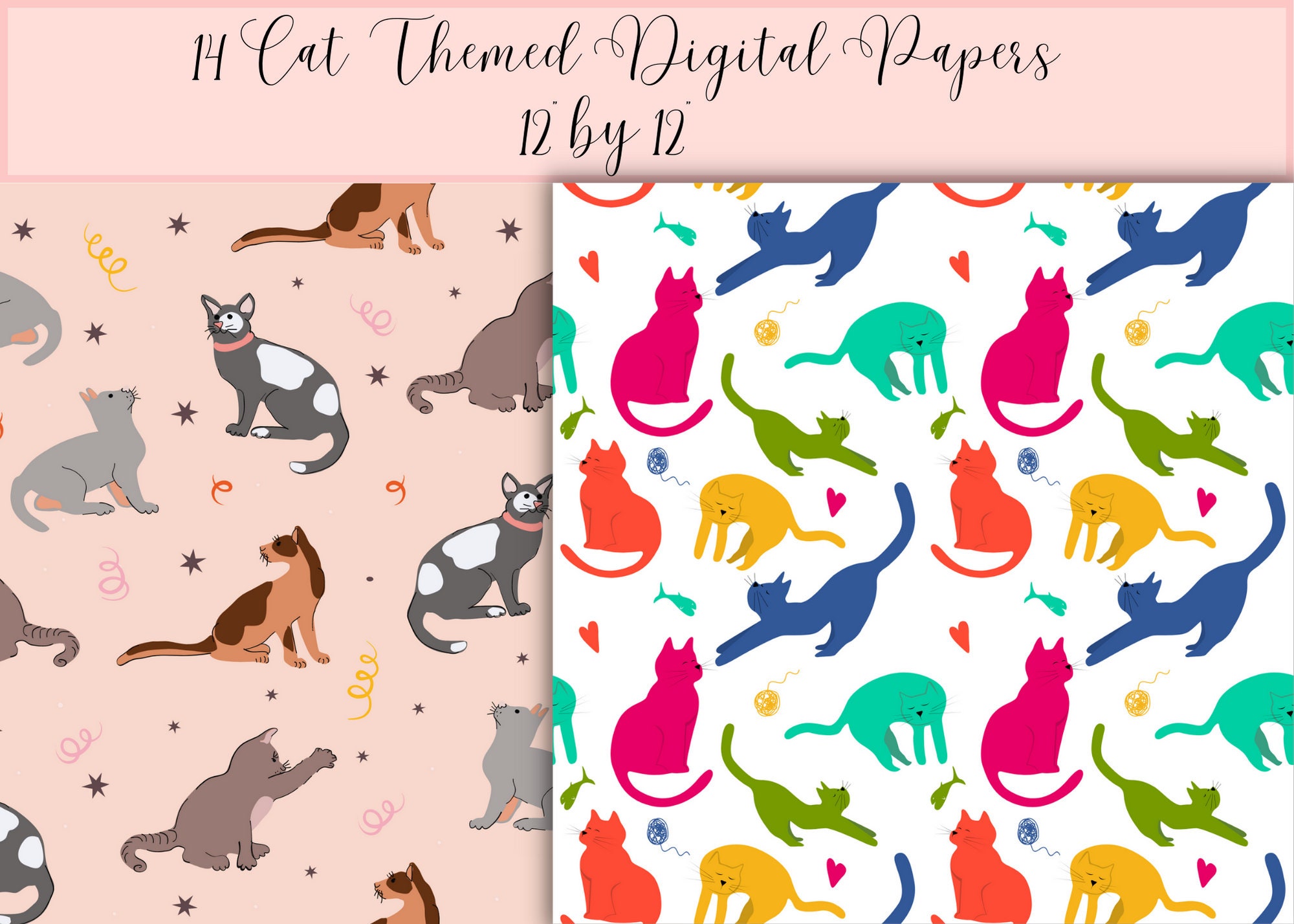 Cute Cat Themed Digital Paper Bundle, 12 by 12 Scrapbooking Paper ...