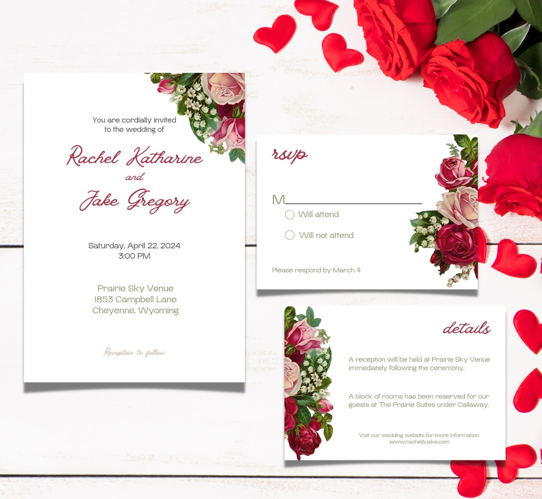 Custom Elegant Pink and Red Roses Wedding Invitation Set | Wedding ...
