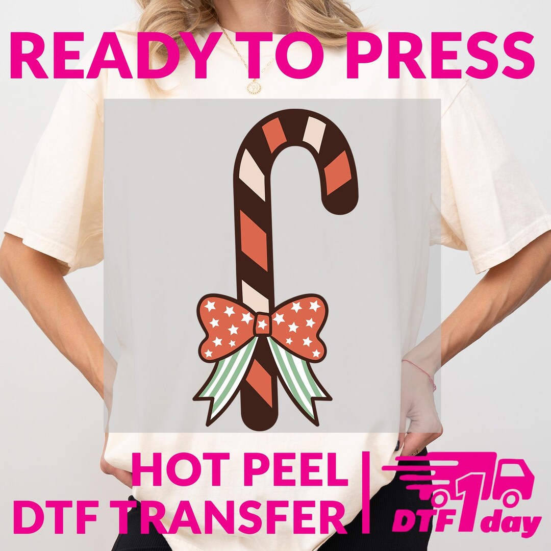 Candy Cane With Bow DTF Transfer | Ready to Press Cute Holiday Treat ...