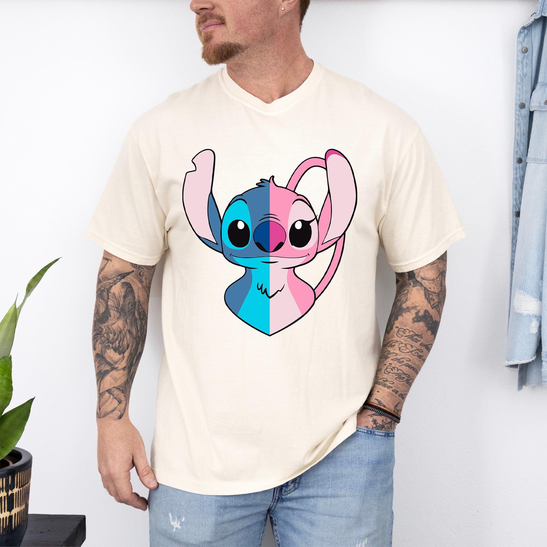 Stitch and Angel Split Face DTF Transfer, Blue Pink Love Heat Press ...