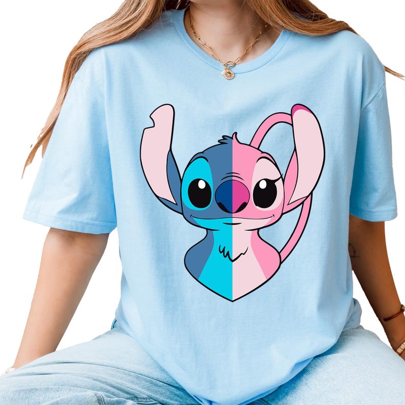 Stitch and Angel Split Face DTF Transfer, Blue Pink Love Heat Press ...