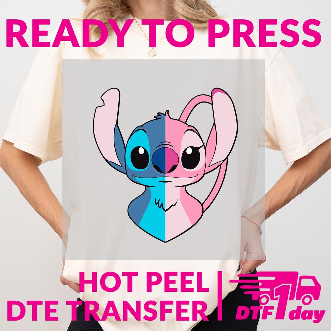 Stitch and Angel Split Face DTF Transfer, Blue Pink Love Heat Press ...