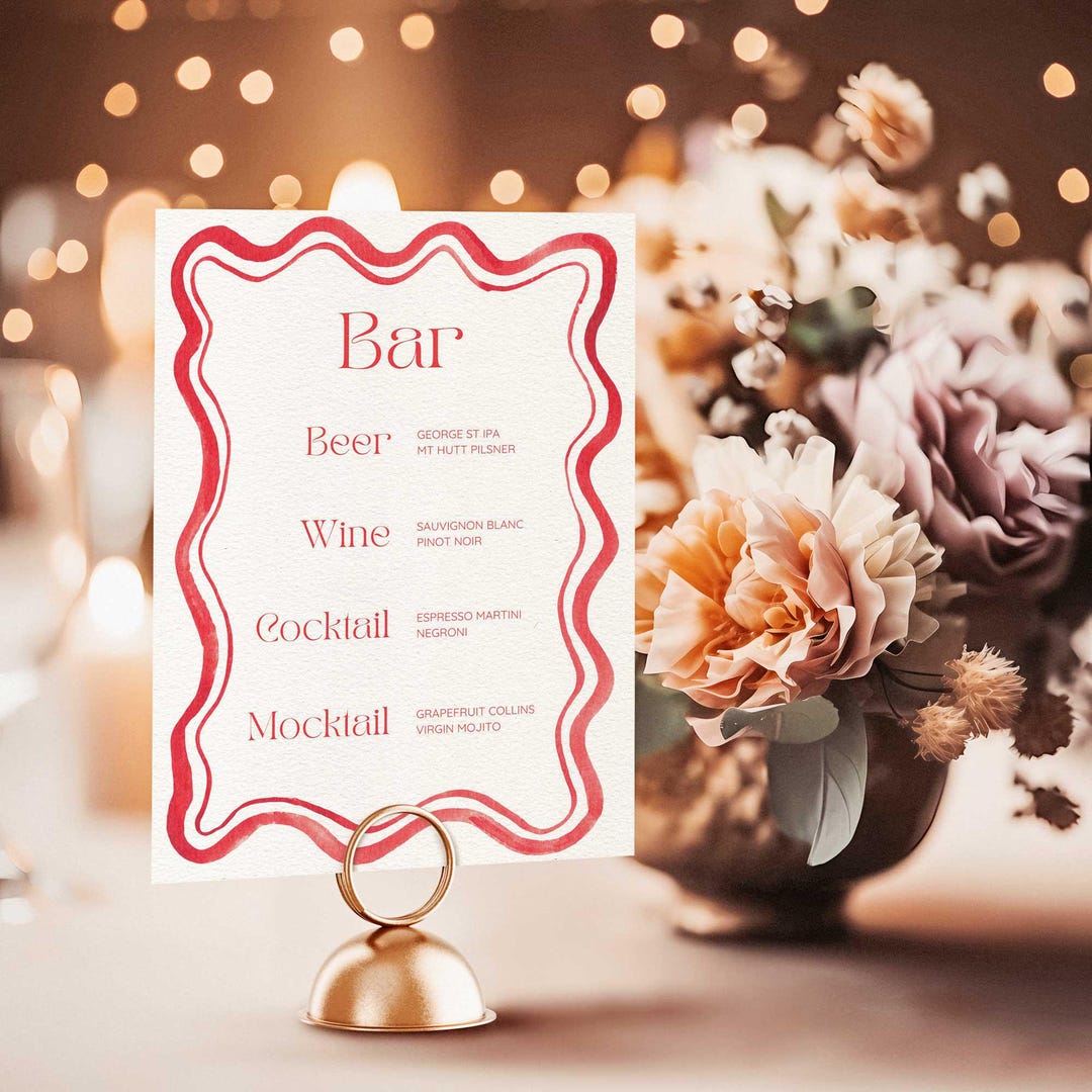 Bar Menu Template Red Drinks Menu With Scalloped Wavy Watercolor Border ...
